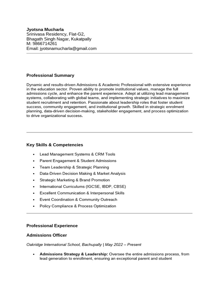 Admissions Officer Profile: Bachupally | PDF | Customer Relationship ...