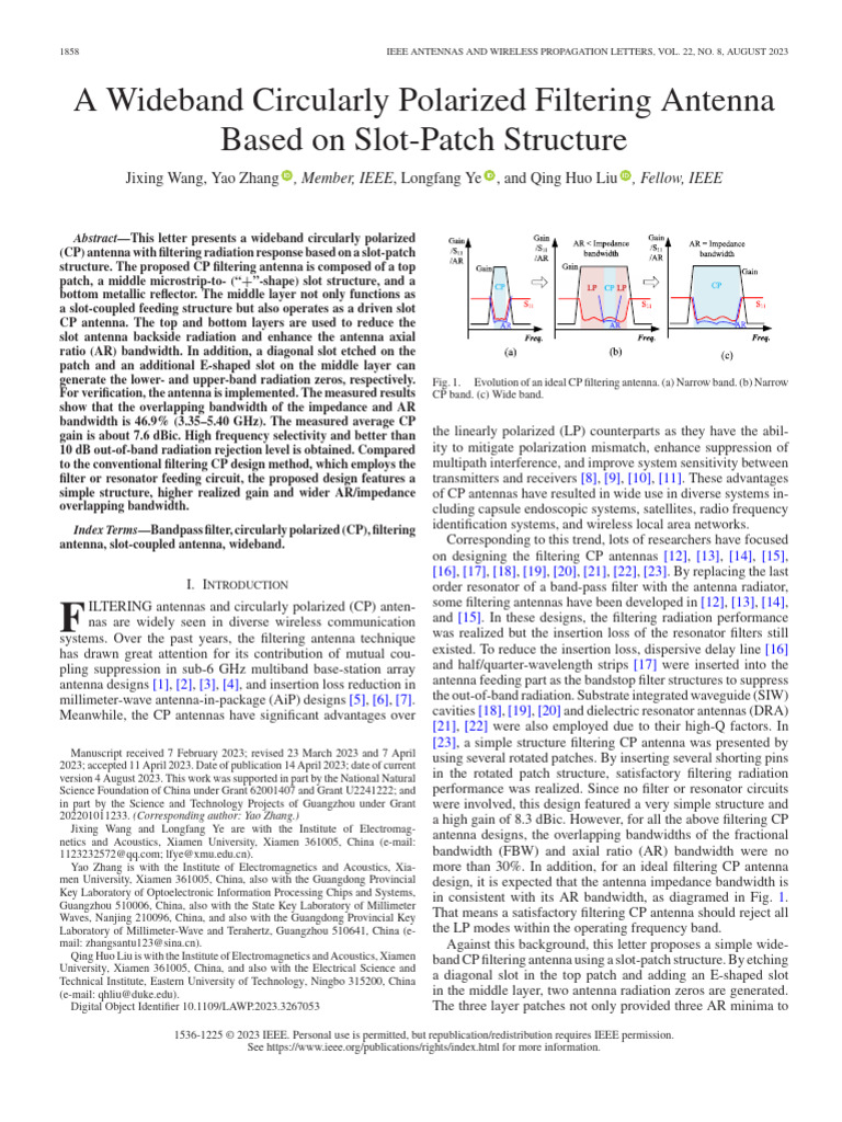 A Wideband Circularly Polarized Filtering Antenna Based On Slot-Patch Structure | PDF | Antenna ...
