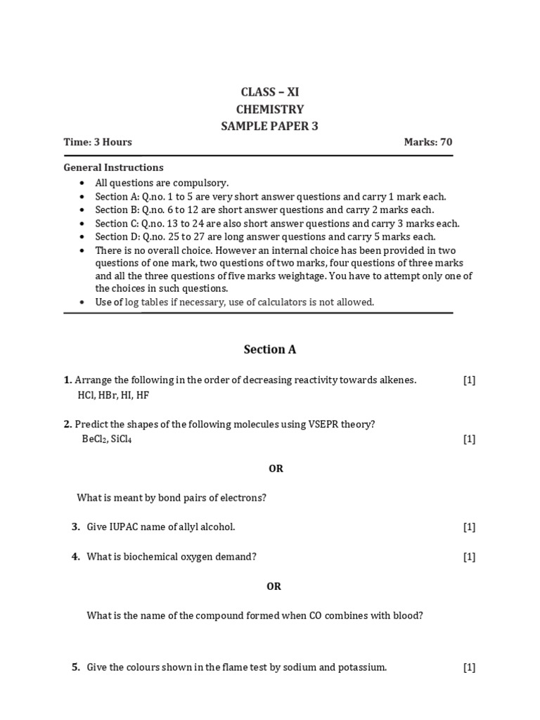 Class XI Chemistry Sample Paper 3 | PDF | Acid | Chemical Reactions