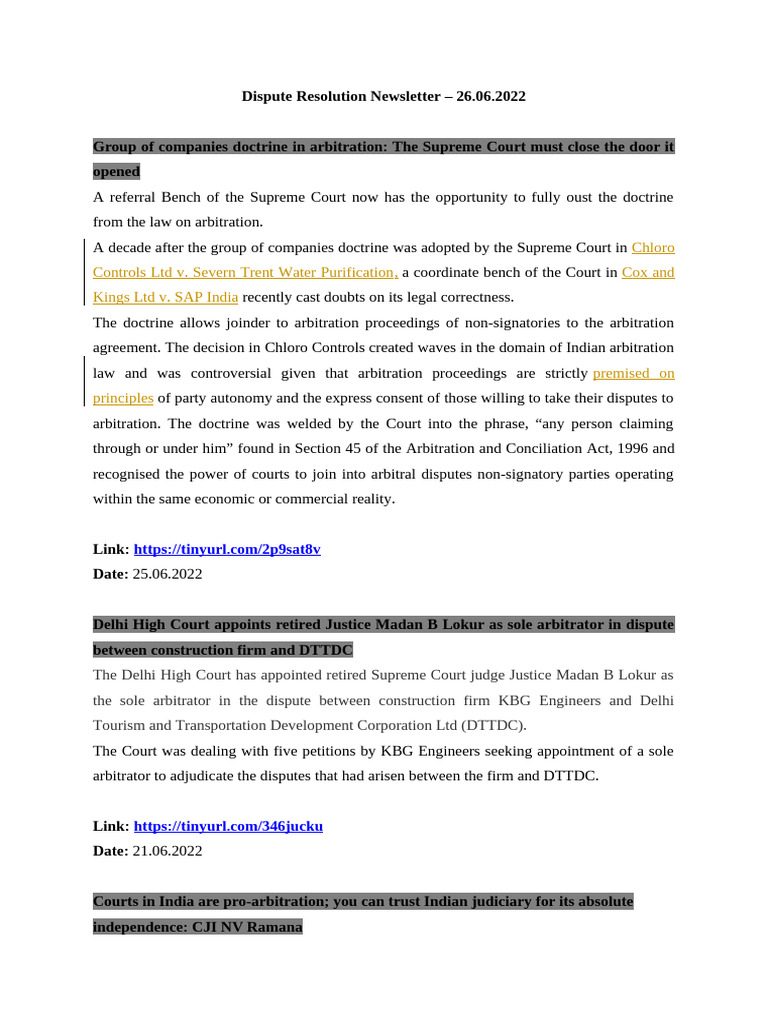 Dispute Resolution Newsletter.. | PDF | Arbitration | Supreme Court Of ...