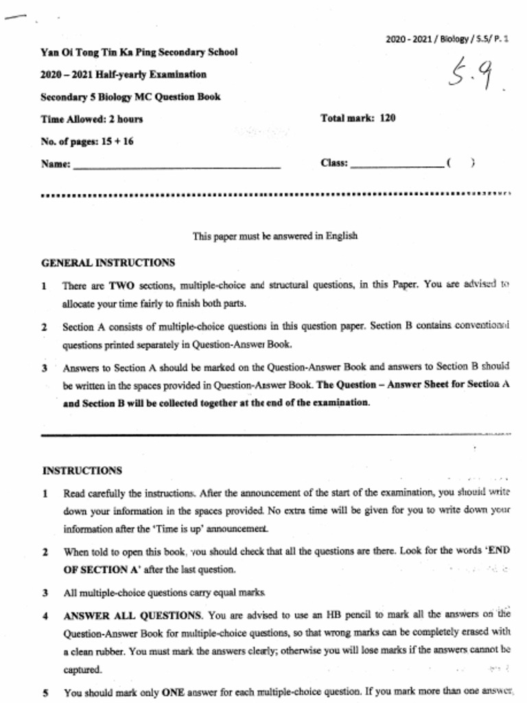 F5 - BIO - 2020 - 21 - Half Yearly Exam | PDF