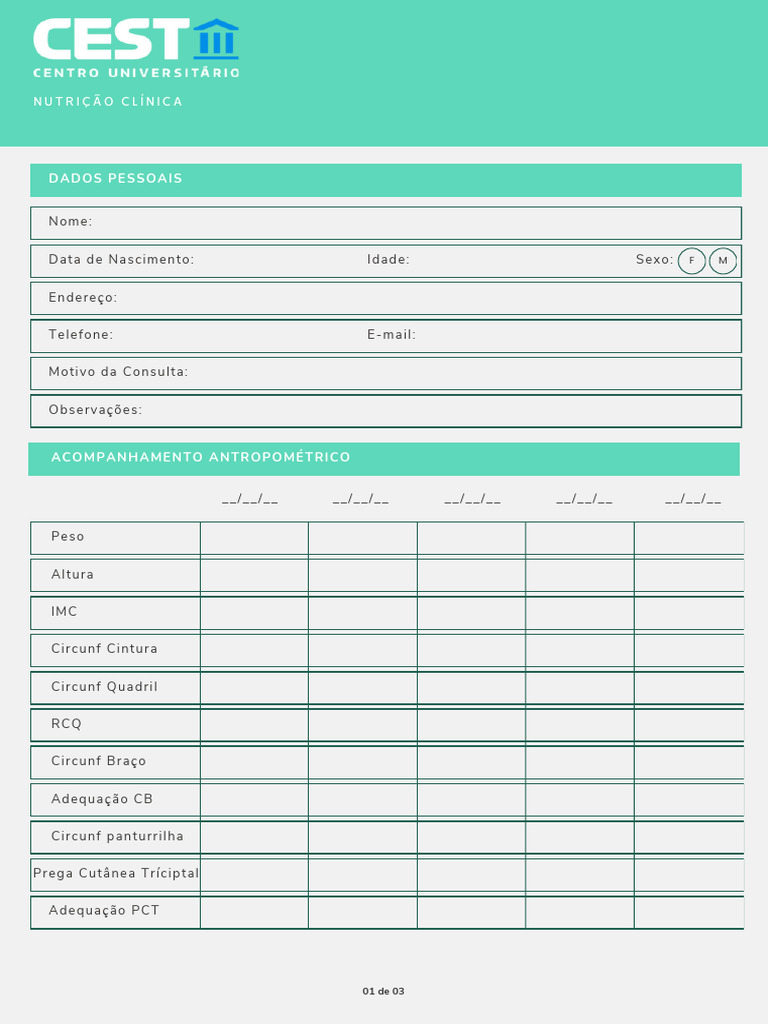 Ficha Anamnese Nutri - o e Diet-Tica 2 | PDF