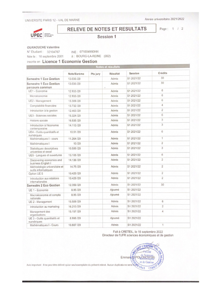 Releve de Notes Et Resultats Eco Gestion | PDF