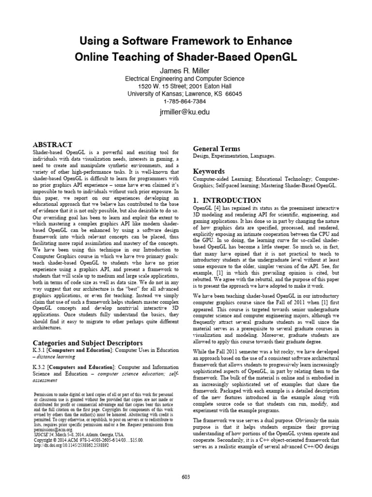 2014_ACM_SIGCSE_p603TeachingOpenGL | PDF | Shader | 3 D Computer Graphics