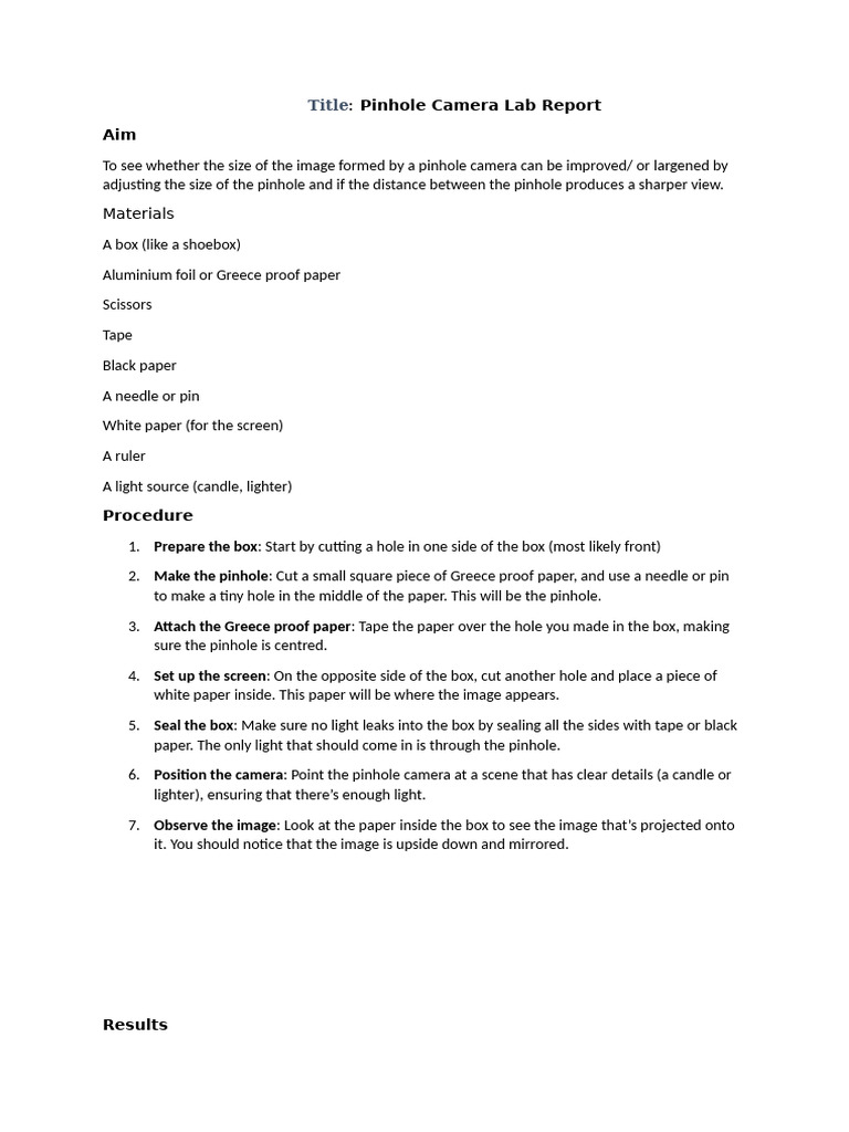 Lab On The Pinhole Camera | PDF | Camera | Experiment