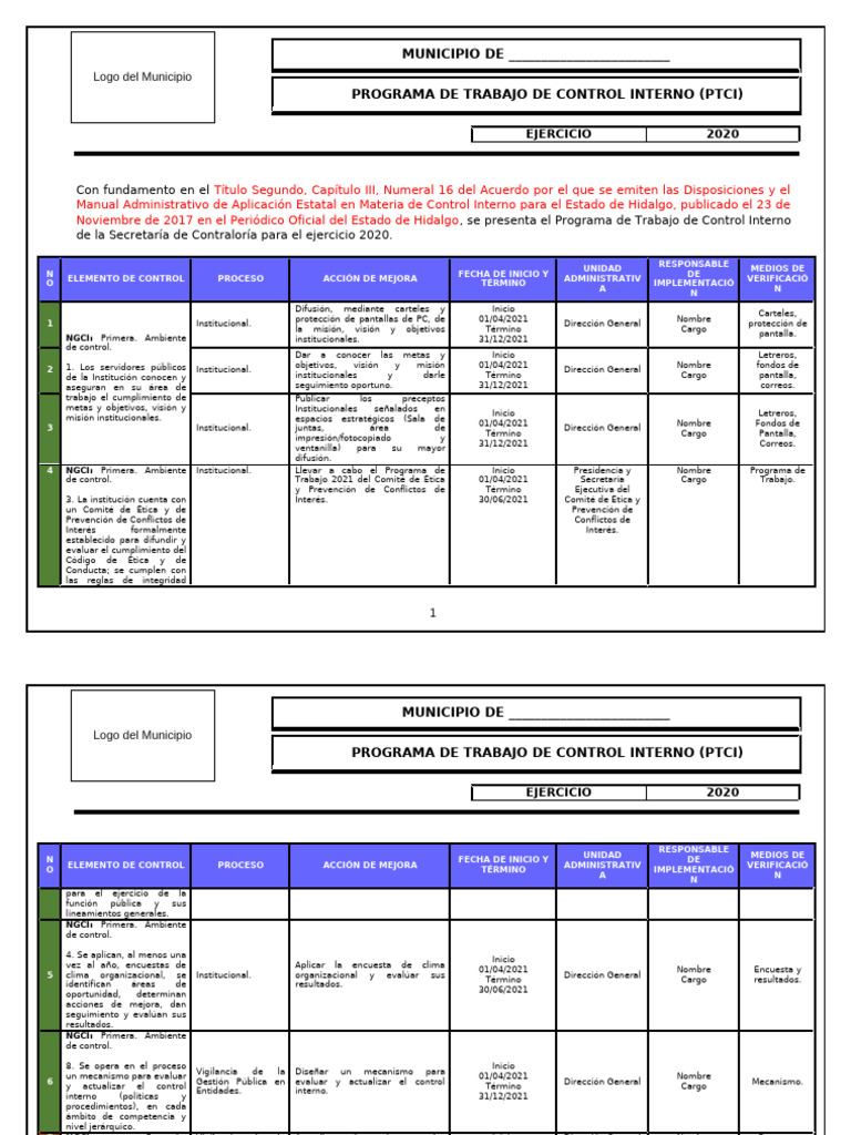 Programa de Trabajo de Control Interno (PTCI) | PDF | Tecnología de información y comunicaciones