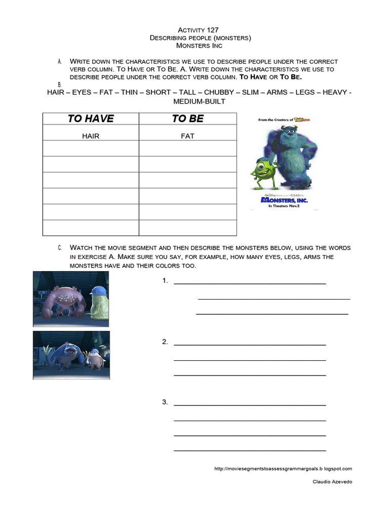 127 - Monsters, Inc - Describing People Monsters | PDF | Linguistics ...