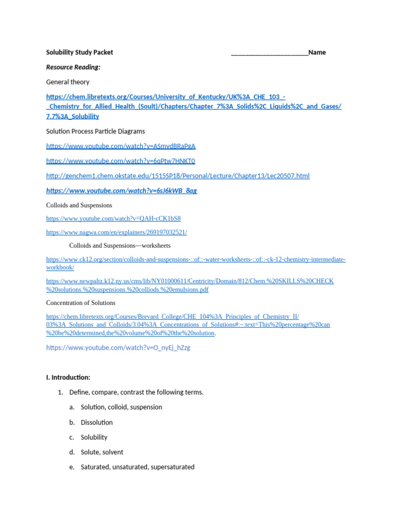 Solubility Study Packet | PDF | Solubility | Salt (Chemistry)