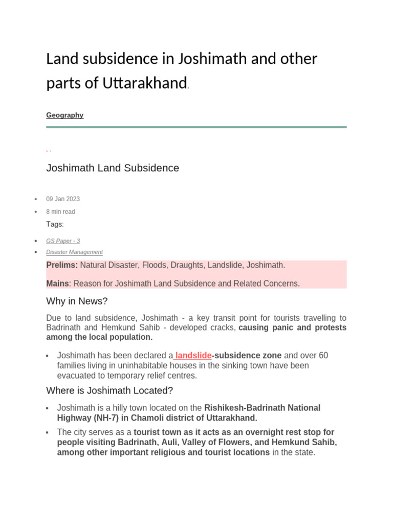 Joshimath Land Subsidence Issues | PDF | Natural Hazards | Physical ...