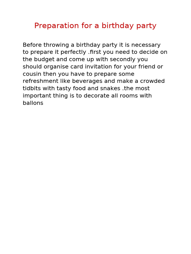 Preparation For A Birthday Party | PDF