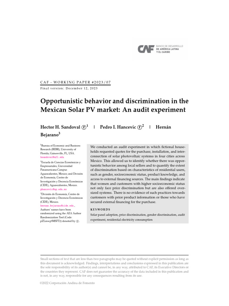 Opportunistic Behavior and Discrimination in The Mexican Solar PV ...