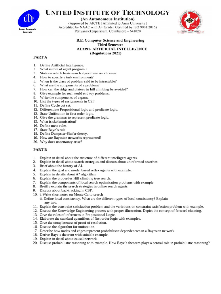 AL3391 AI Important Questions Overview | PDF | Bayesian Network | Logic
