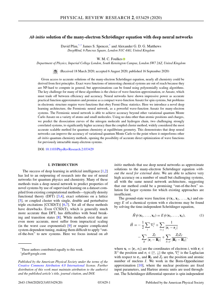 Ab Initio Solution of The Many-Electron Schrödinger Equation With Deep Neural Networks | PDF ...