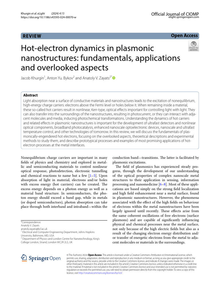 Hot-electron Dynamics in Plasmonic Nanostructures | PDF | Plasmon | Electron