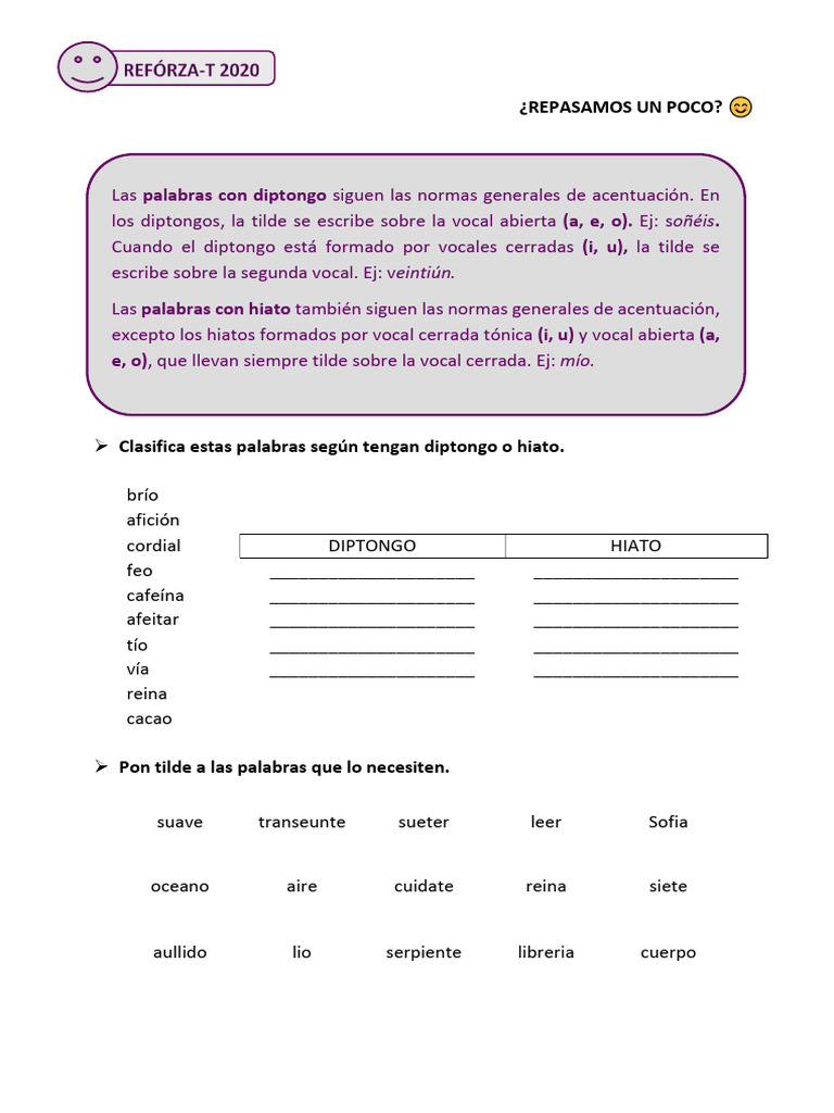 Diptongos y Hiatos: Ejercicios y Reglas | PDF