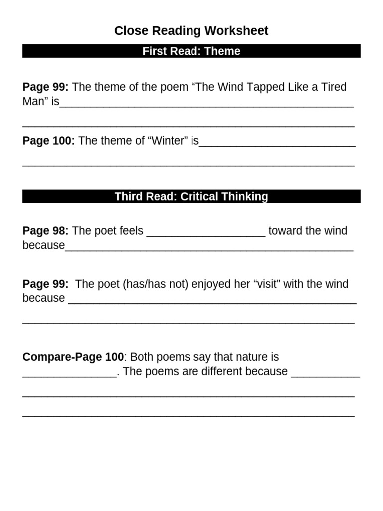 Close Reading Worksheet | PDF