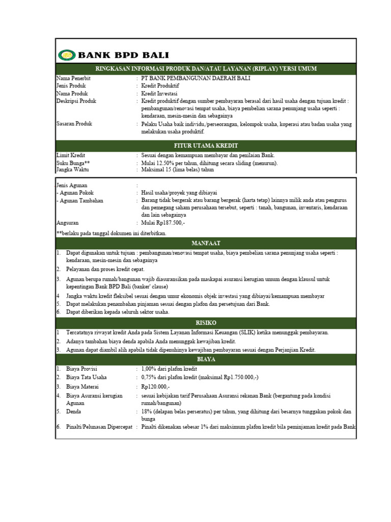 Kredit Investasi BPD Bali | PDF