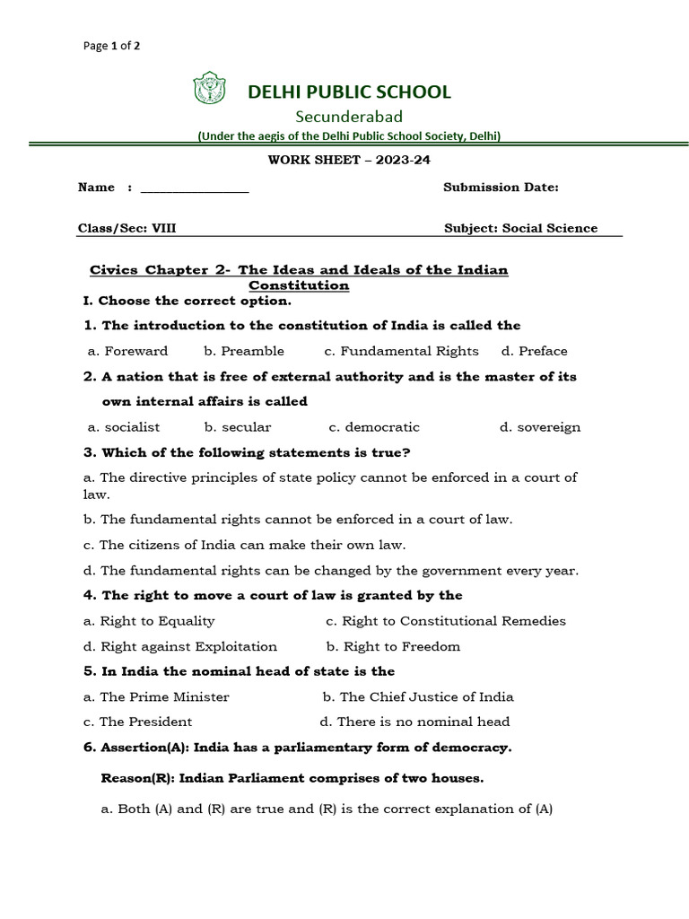 Indian Constitution Worksheet for Class 8 | PDF | Constitution ...