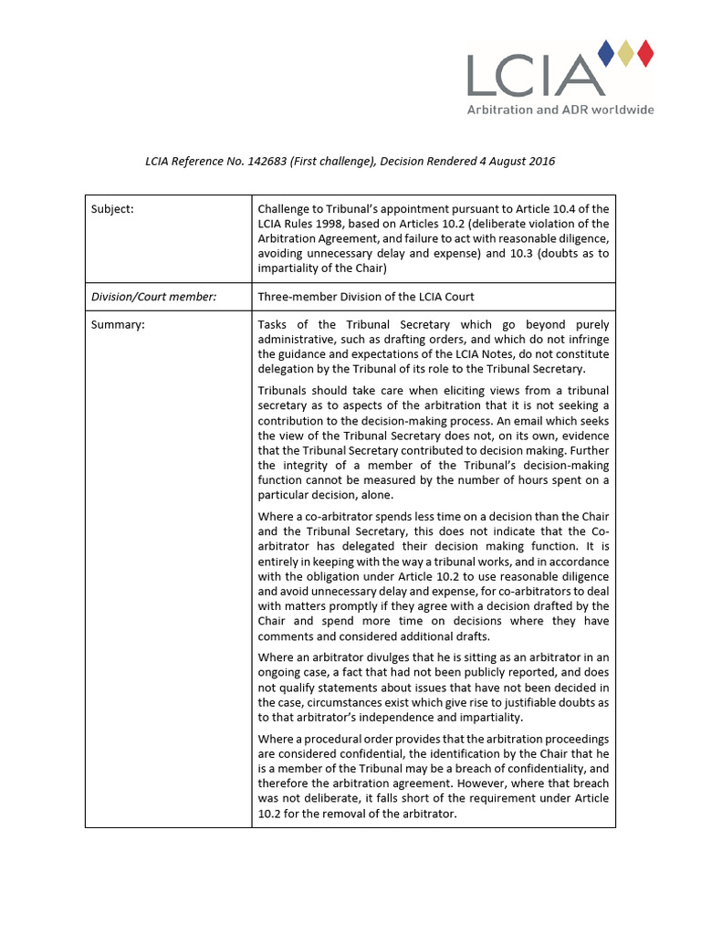 Tribunal Challenge under LCIA 1998 Rules | PDF | Arbitration | Arbitral Tribunal