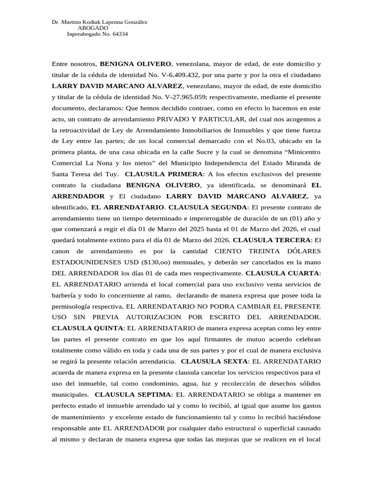 Contrato de Arrendamiento Señora Benigna Larry Barbería | PDF