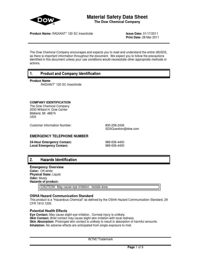 MSDS EN RADIANT (TM) 120 SC Insecticide | PDF | Toxicity | Firefighting