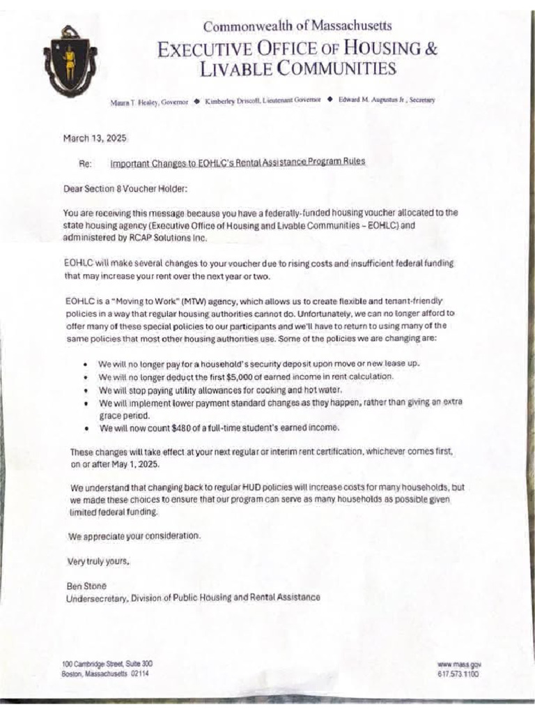 EOHLC Letter-Changes To Section 8 | PDF