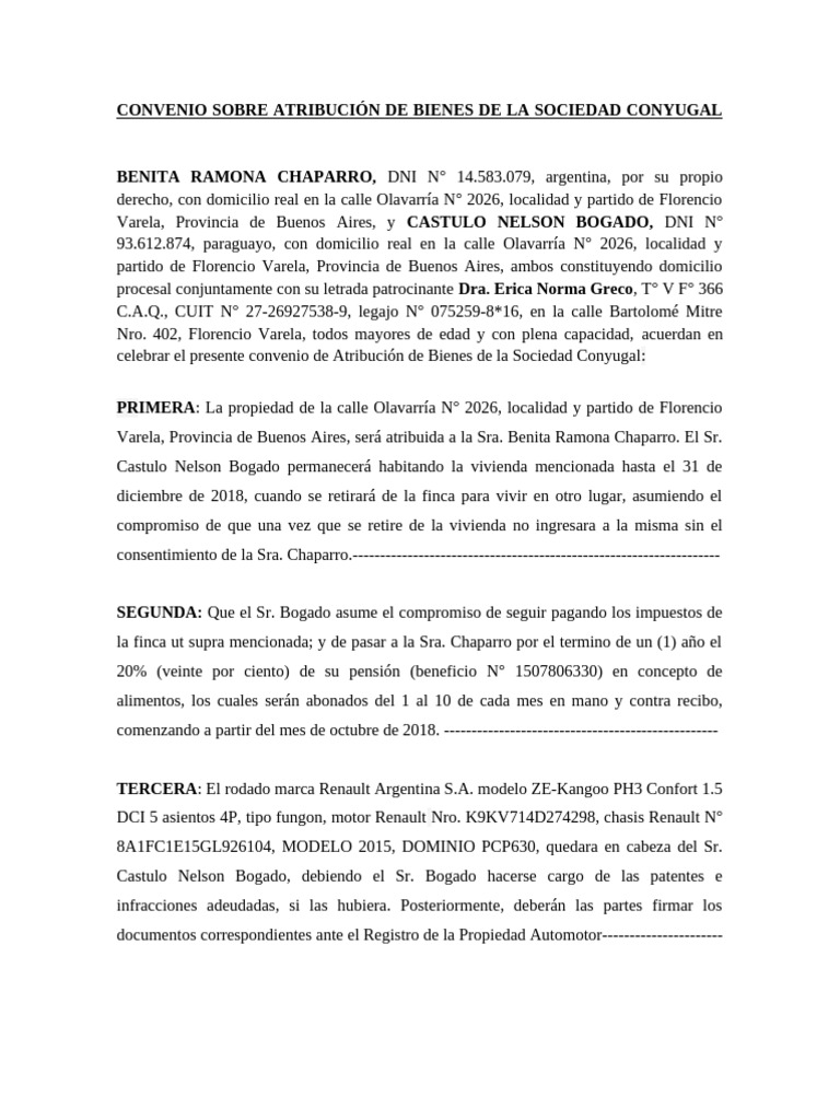 Convenio de Atribución de Bienes Conyugales | PDF