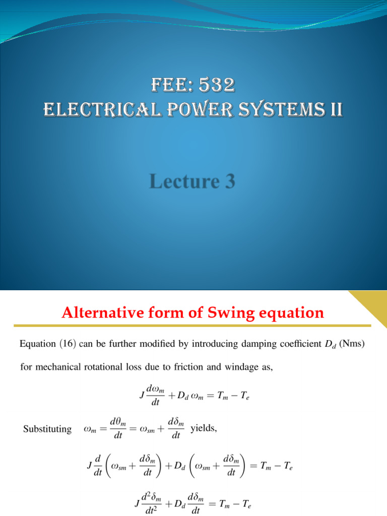 Lecture 3 Swing Equestion B Pdf Steady State Electrical Engineering