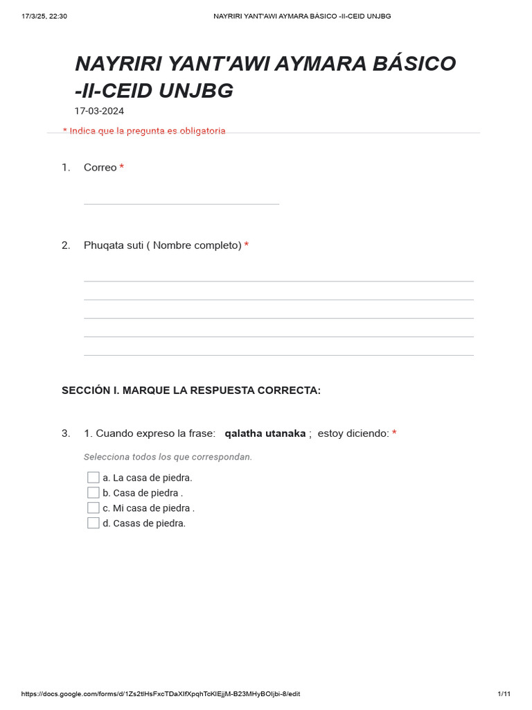 NAYRIRI YANT'AWI AYMARA BÁSICO - II-CEID UNJBG - Formularios de Google | PDF | Lingüística