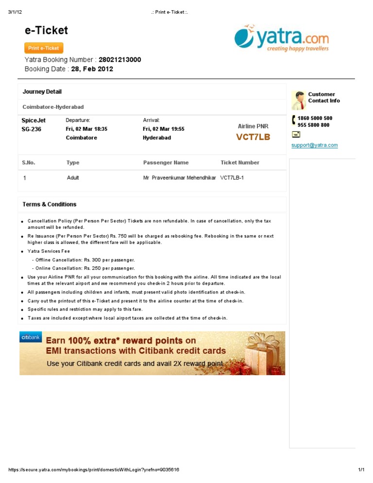 SpiceJet e-Ticket for Coimbatore to Hyderabad | PDF
