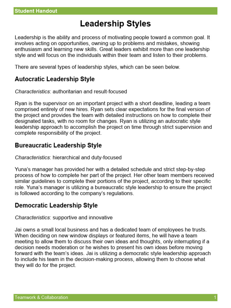 Leadership Styles Handout | PDF | Leadership | Incentive