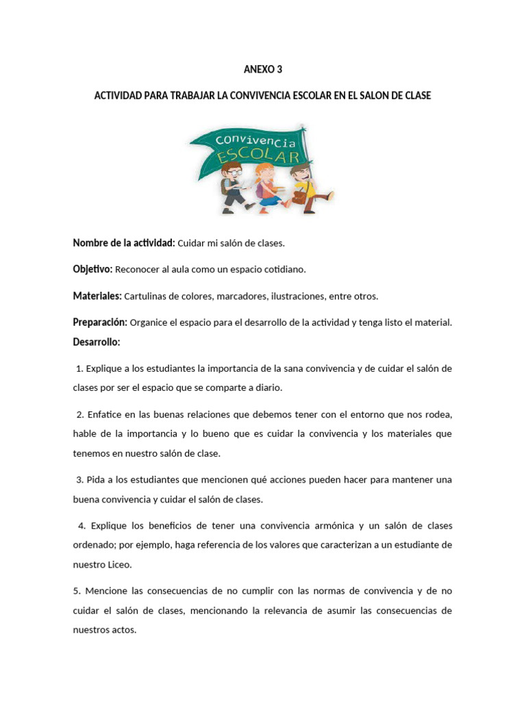 Anexo 3 - Actividad para Trabajar La Convivencia Escolar en El Salon de ...