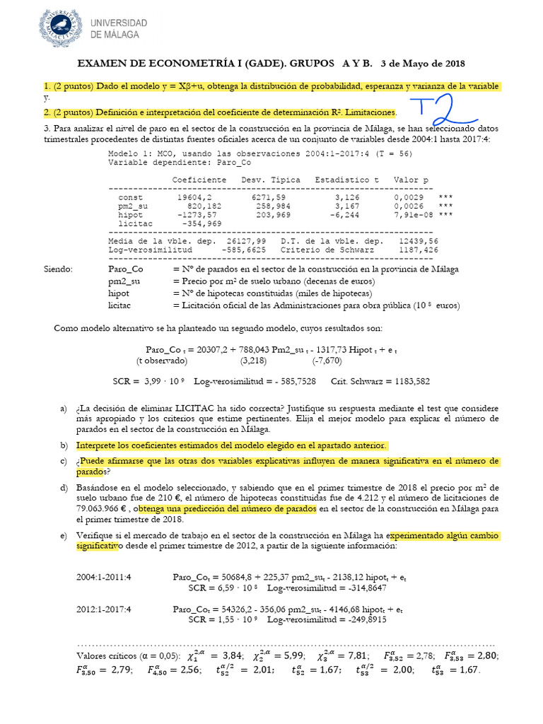 EXAMENES PARCIALES | PDF | Econometría | Mínimos cuadrados ordinarios
