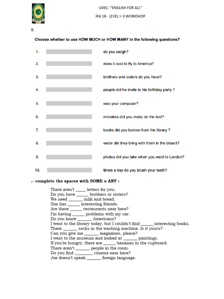 Ejercicios de inglés: Some, Any, Much, Many | PDF