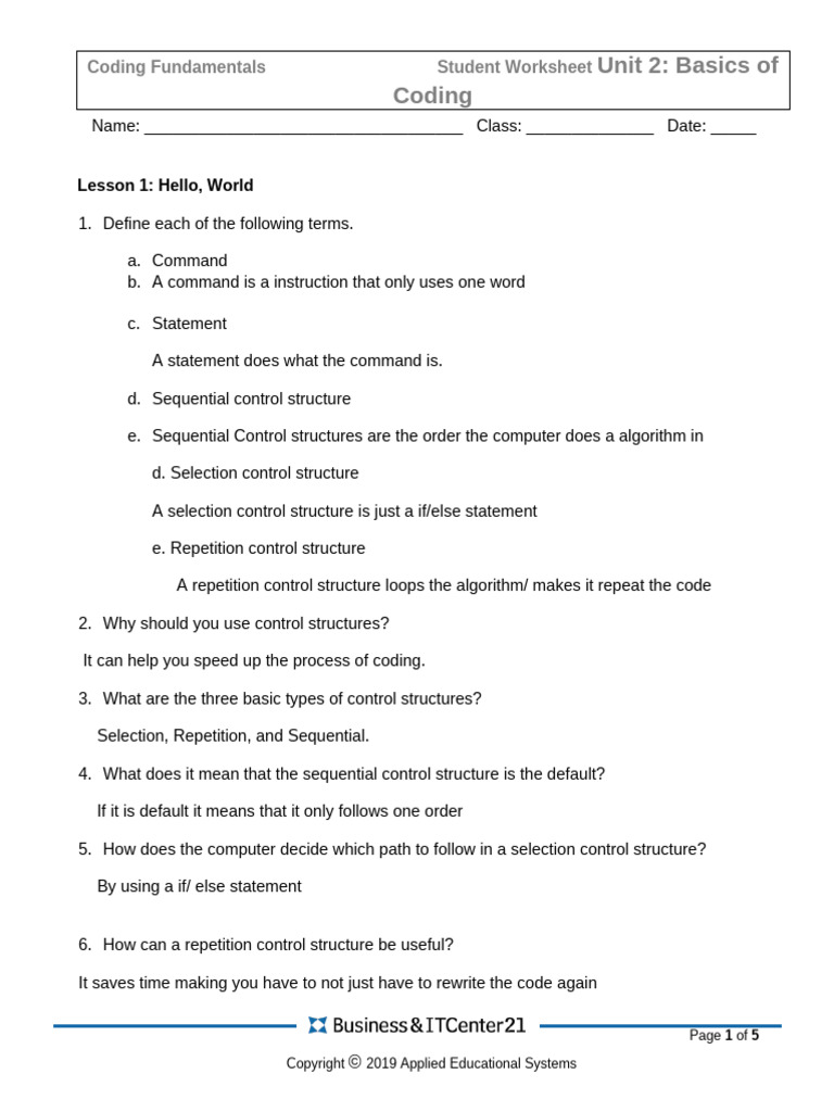 Basic Coding Student Worksheet | PDF | Control Flow | Computer Programming