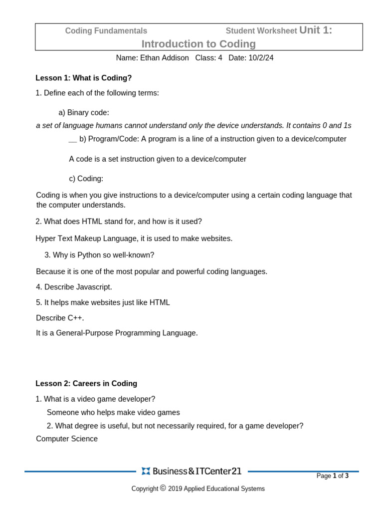 Student Worksheet Intro To Coding | PDF | Source Code | Computer Program