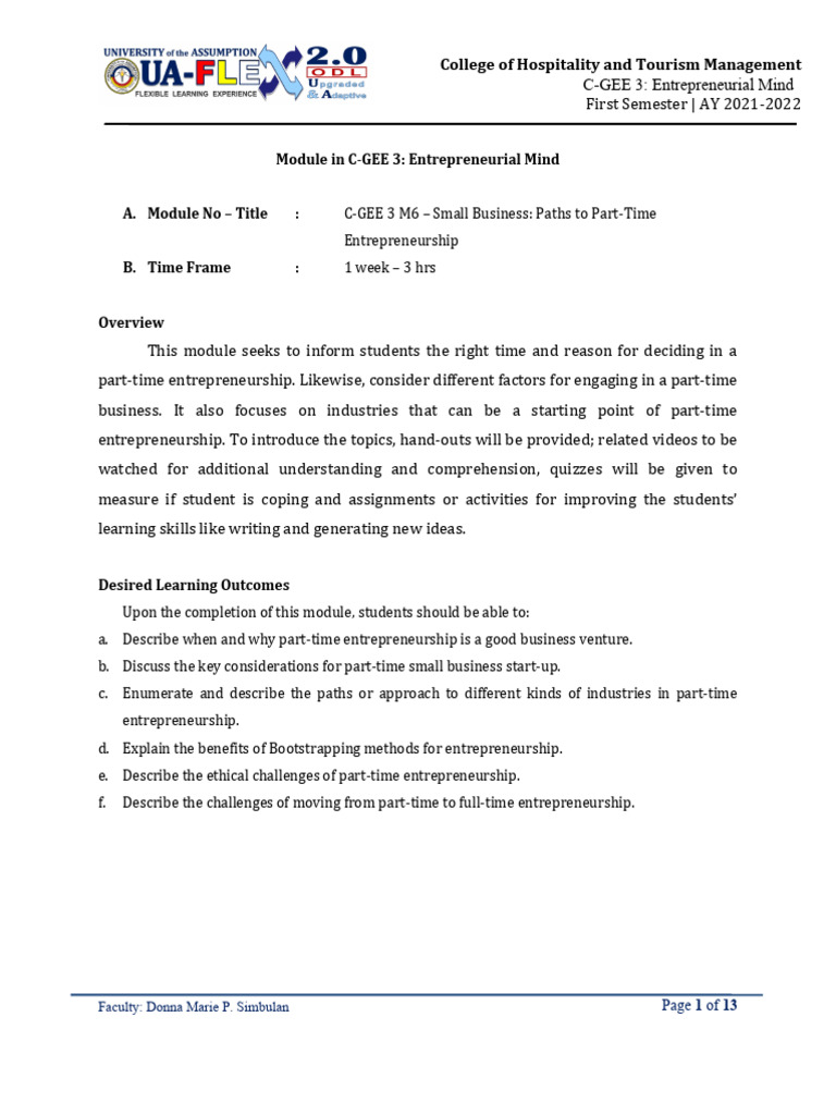 Module 6 Paths Part Time Entrepreneurship | PDF | Entrepreneurship | Sales