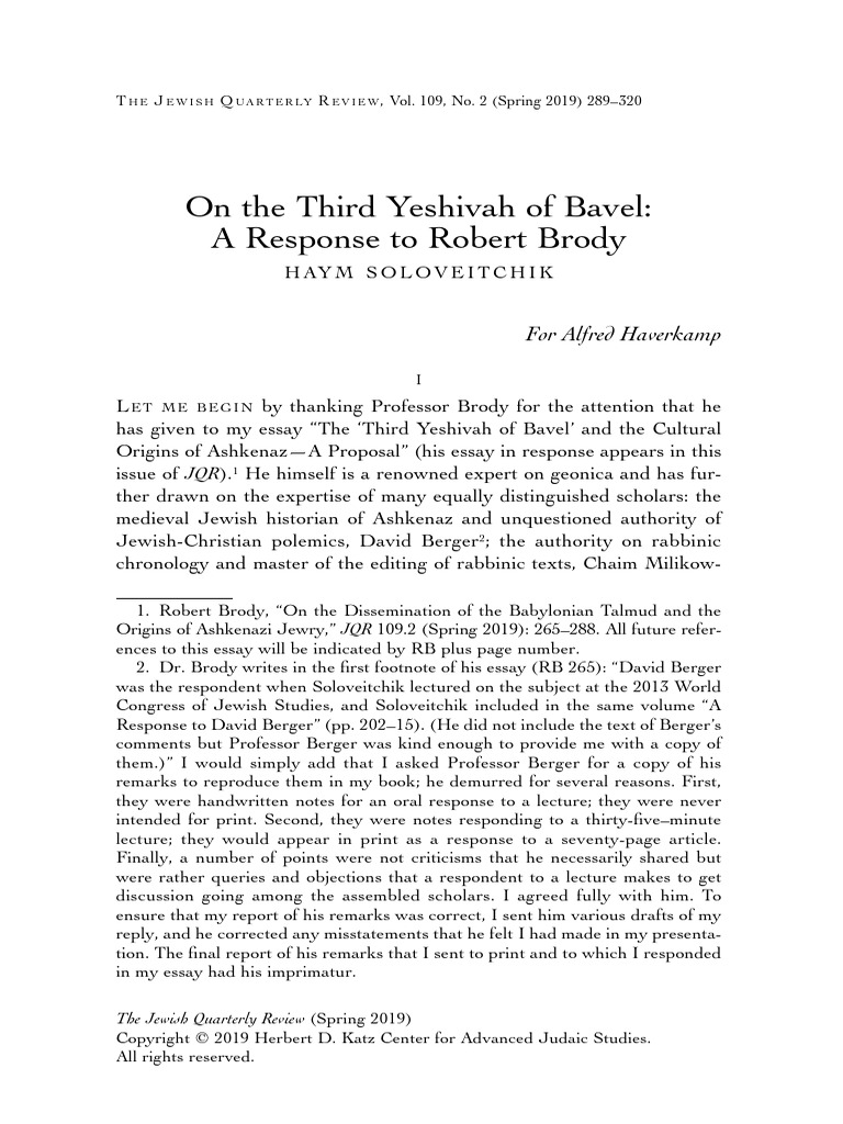 Haym Soloveitchik - On The Third Yeshivah of Bavel A Response To Robert Brody | PDF | Talmud ...
