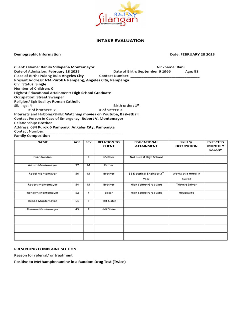 Rani INTAKE-EVALUATION-FINAL | PDF | Drug Withdrawal | Psychological Trauma