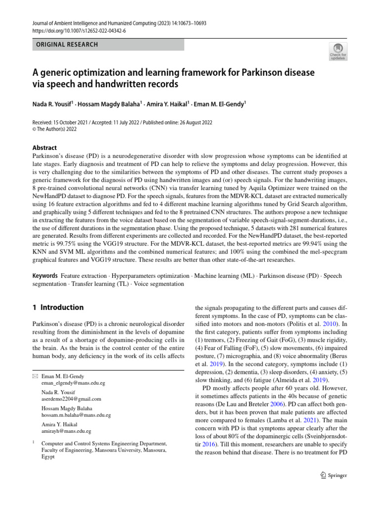 A Generic Optimization and Learning Framework For Parkinson Disease Via Speech and Handwritten ...