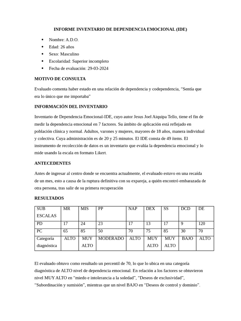 Informe Inventario de Dependencia Emocional | PDF