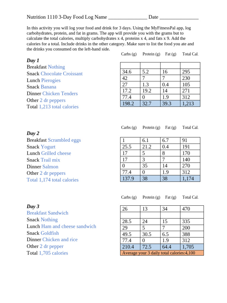 3-Day Food Log and Calorie Tracker | PDF | Calorie | Foods