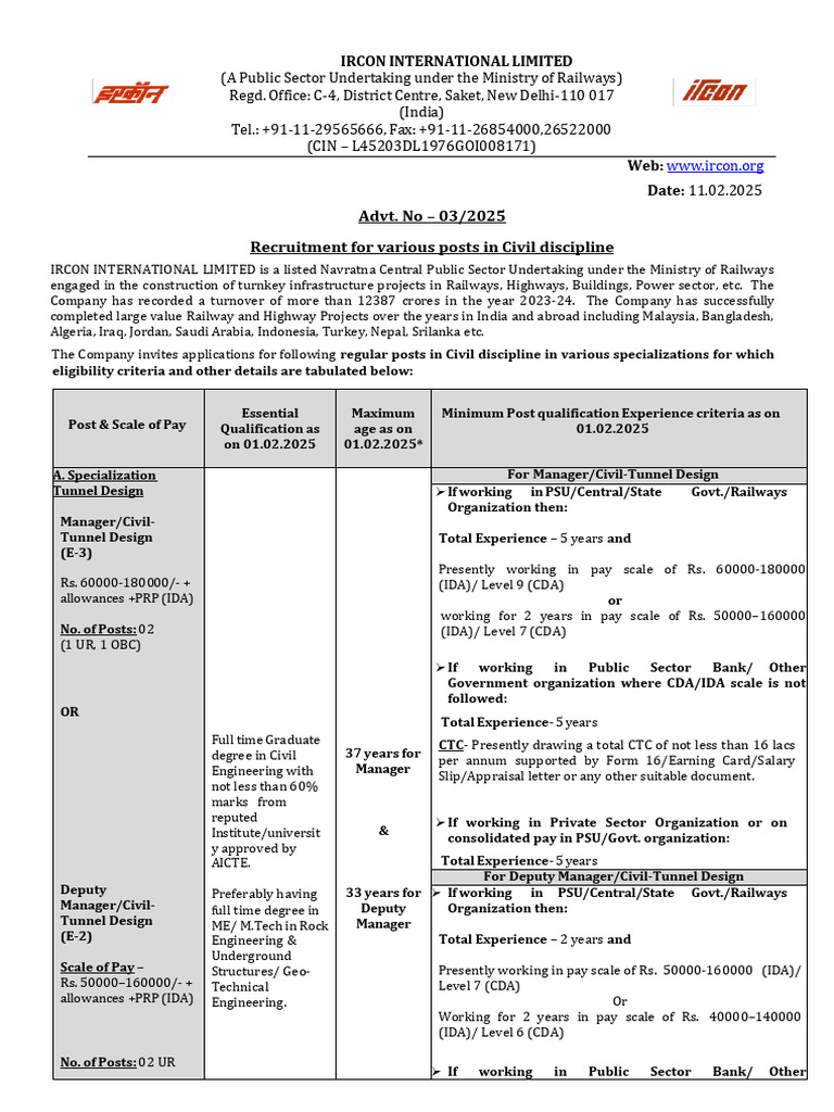 IRCON Civil Discipline Recruitment 2025 | PDF | Tunnel