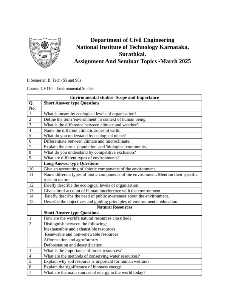 Assignment and Seminar - cv110-S5, S6 | PDF | Ecosystem | Biodiversity
