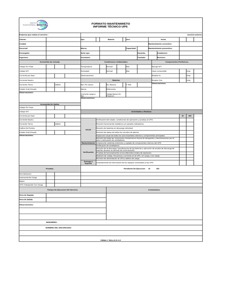 2 Formato Mantenimiento Ups | PDF | Ingenieria Eléctrica | Electricidad