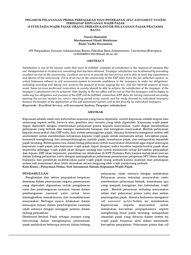 Pegaruh Pelayanan Prima Perpajakan Dan Penerapan Self Asessment System Terhadap Kepuasan Wajib ...
