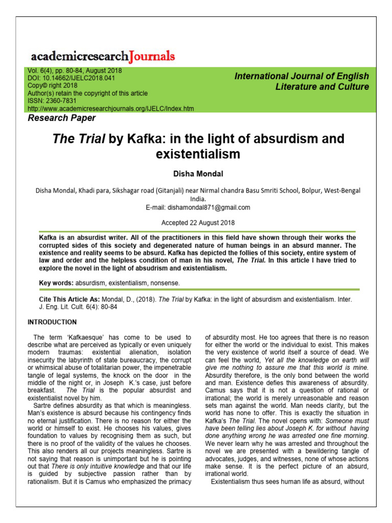 The Trial by Kafka in The Light of Exist | PDF