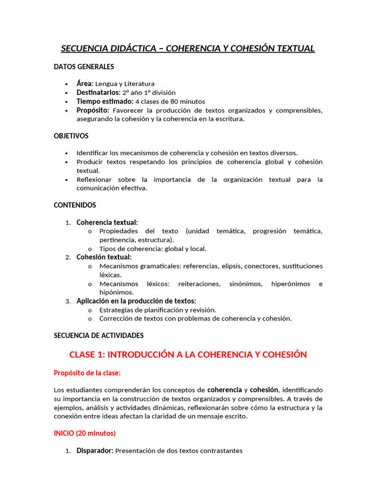 Secuencia Didáctica Coherencia y Cohesión | PDF
