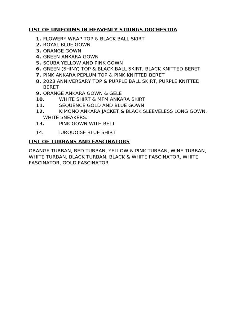 Heavenly Strings Orchestra Uniforms List | PDF