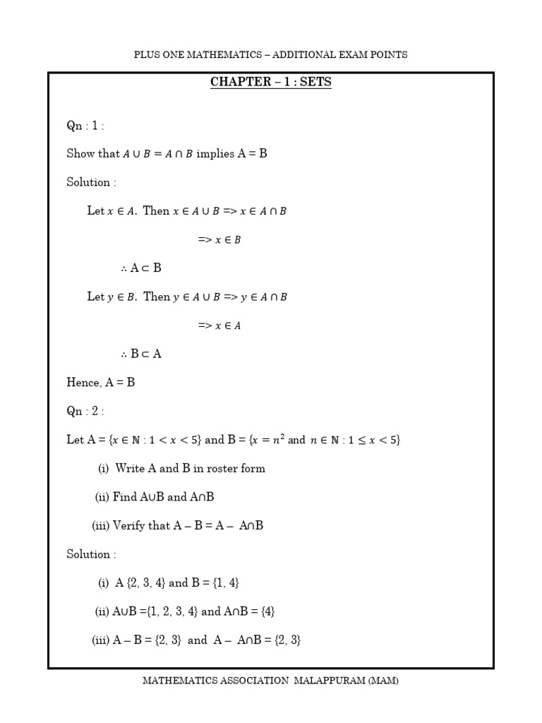Plus One Mathematics - Additional Exam Points.. | PDF